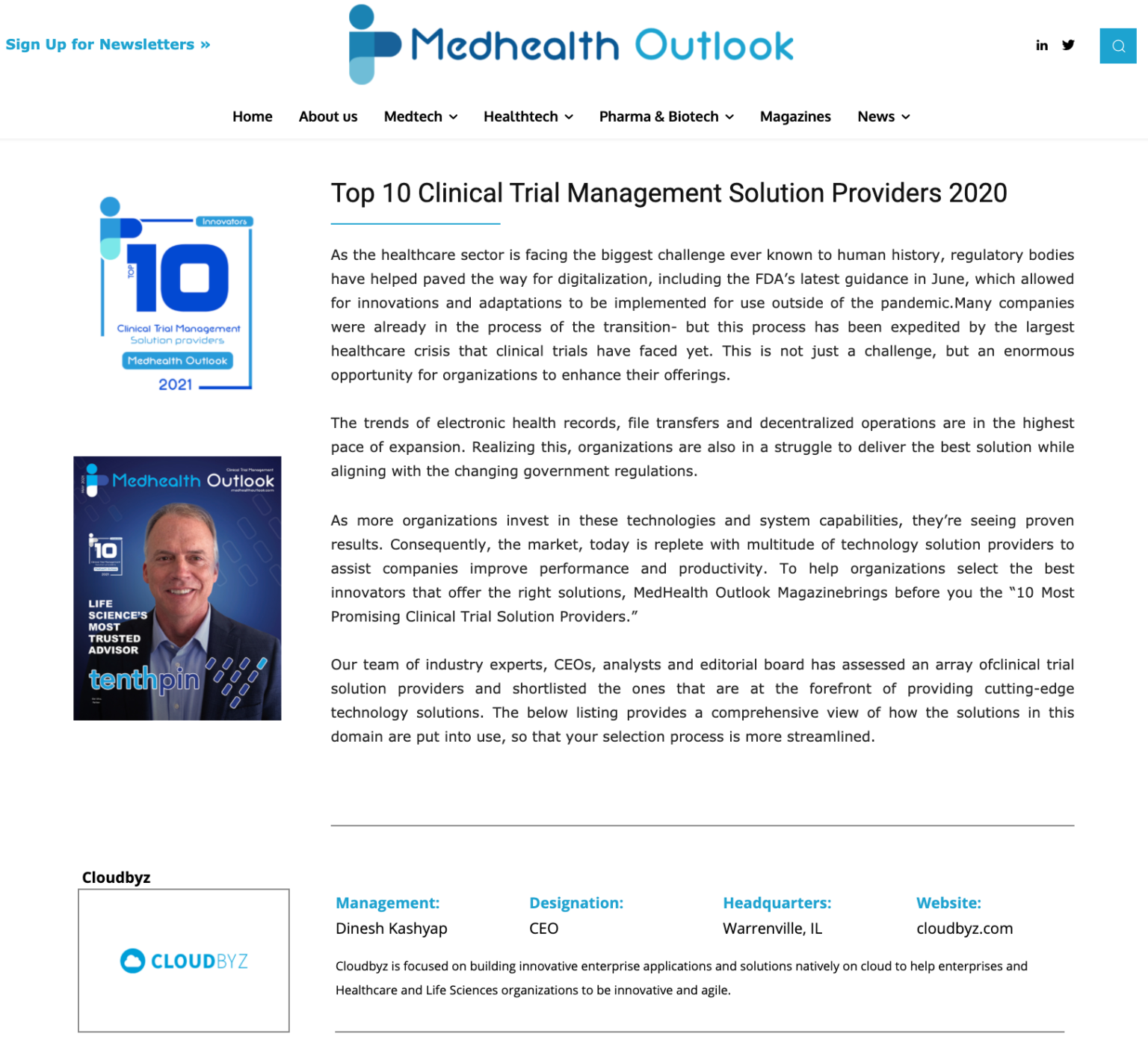 Medhealth Outlook Places Cloudbyz in Top 10 Clinical Trial Management Solution Providers